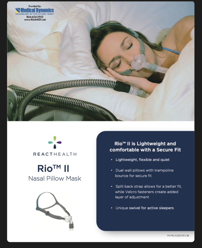 React Health Rio II Nasal Pillow Mask - Medical Dynamics, Inc.
